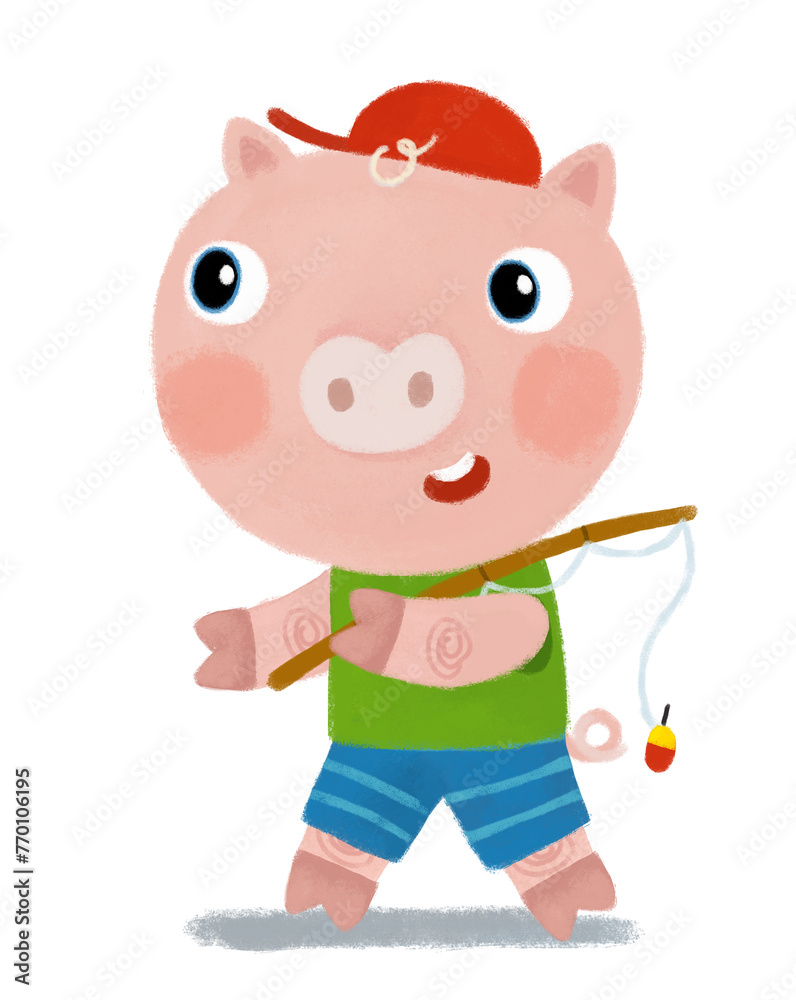 cartoon scene with farm pig boy child walking to fish and smiling and ...