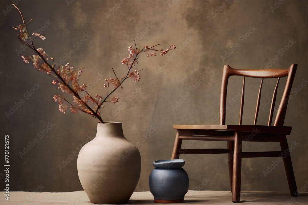 Still life photography of a ceramic vase with pink flowers and a wooden ...