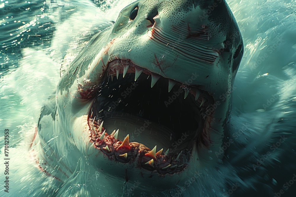 Dynamic predator: Great white shark reveals its powerful jaws in a ...