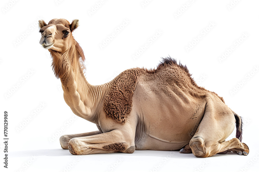 Arabian camel resting or sitting on the ground isolated on white ...