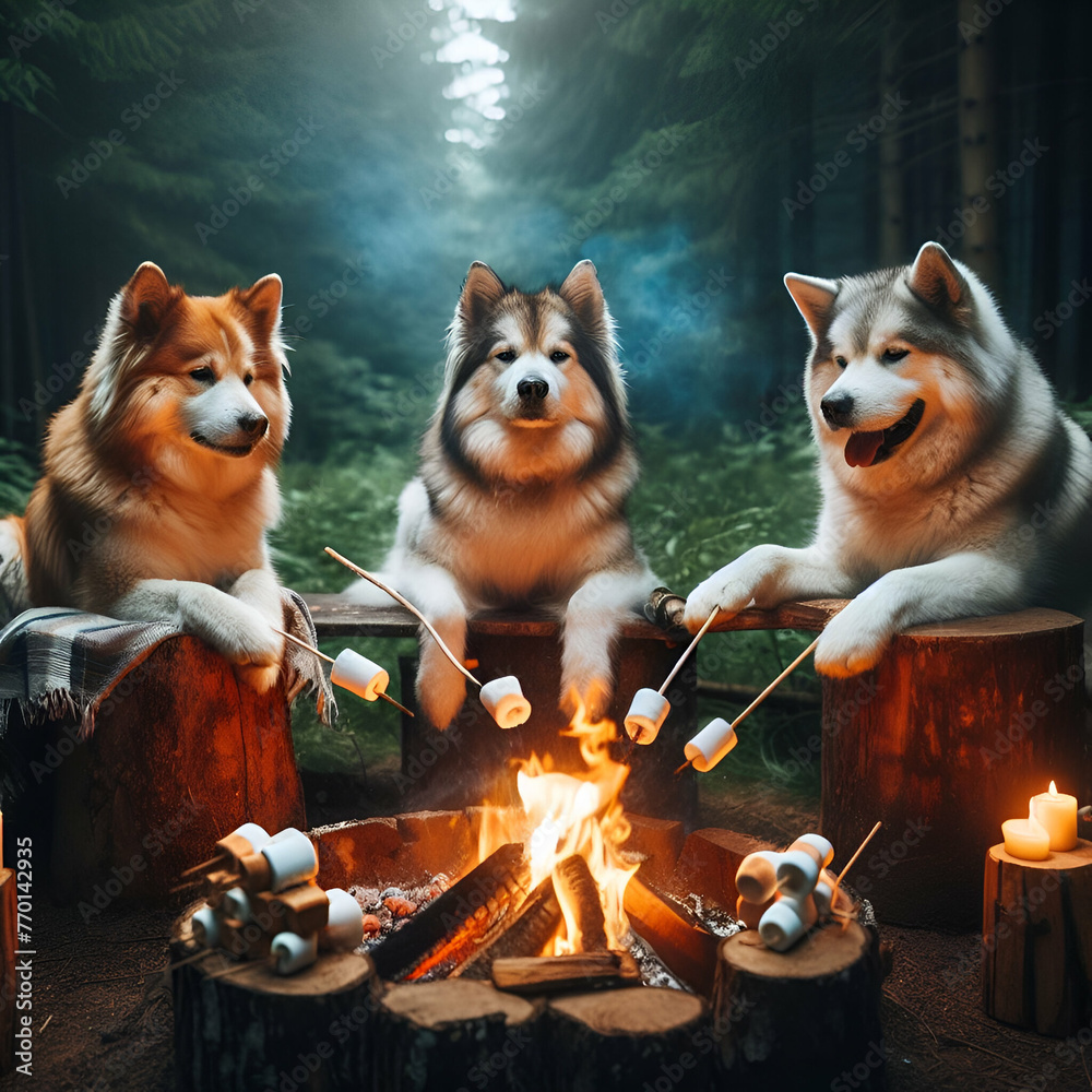 Three Dogs Group Sitting Chilling Around Campfire in Camp Roasting ...