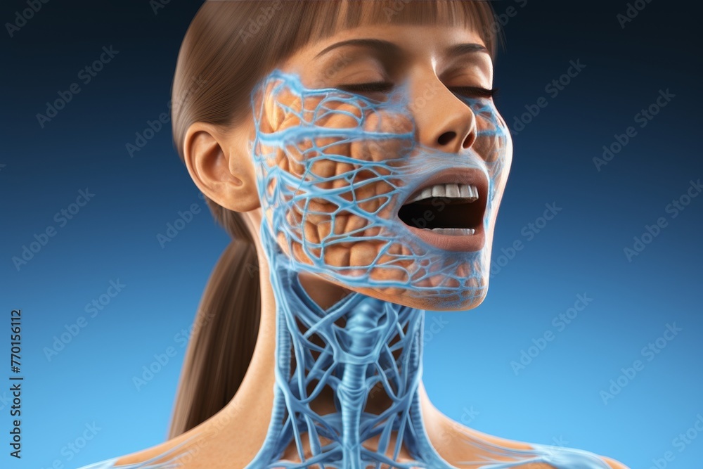 Detailed illustration of female head and neck anatomy highlighting the ...