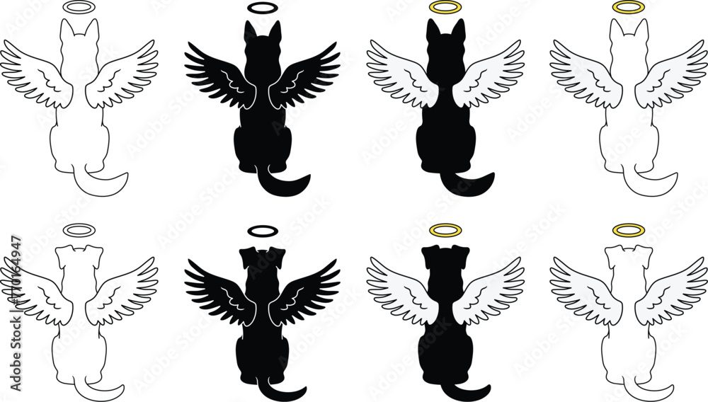 Dog Angel with Wings Pet Memorial Clipart Set - Outline, Silhouette ...