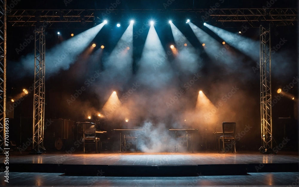 Empty concert stage with illuminated spotlights and smoke. Stage ...