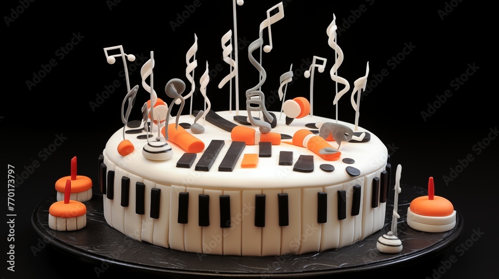 Music-themed cake with fondant musical notes, instruments, and candles ...