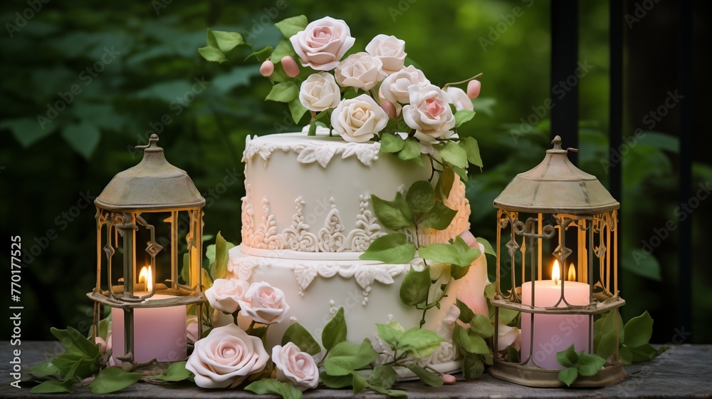 Vintage garden party cake with edible roses, tea sandwiches, and ...