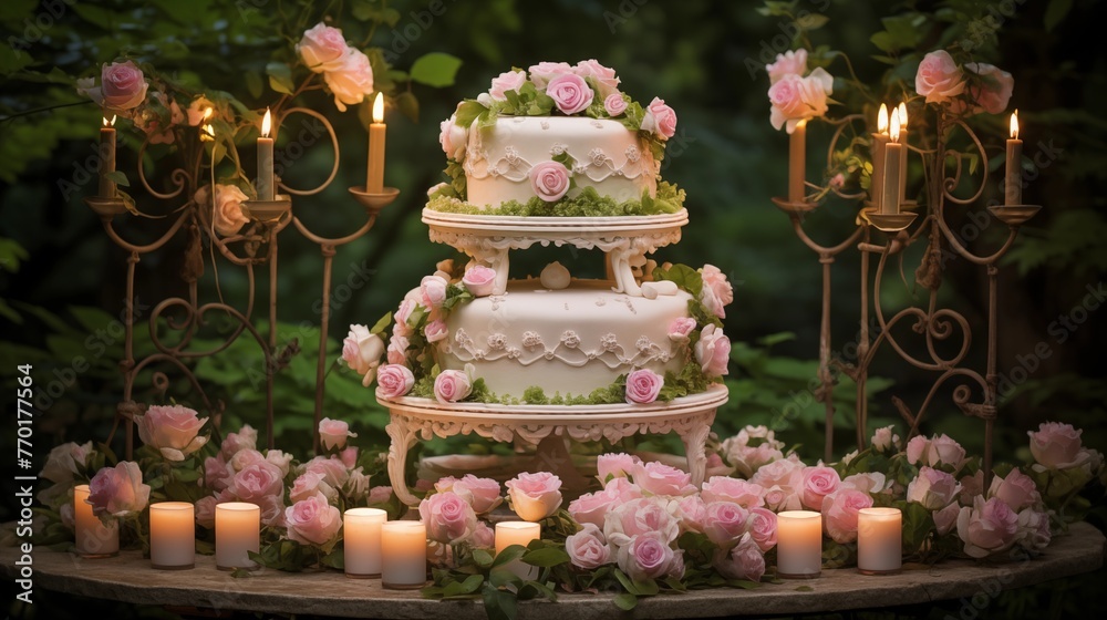 Vintage garden party cake with edible roses, tea sandwiches, and ...