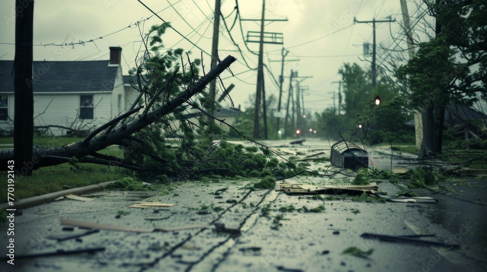 Trees uprooted and thrown about power lines down and sparking a scene ...
