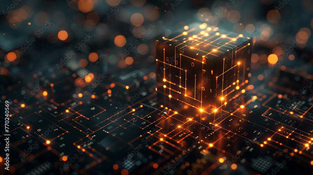 abstract cyber tech background, brown glowing binary circuit lines on ...