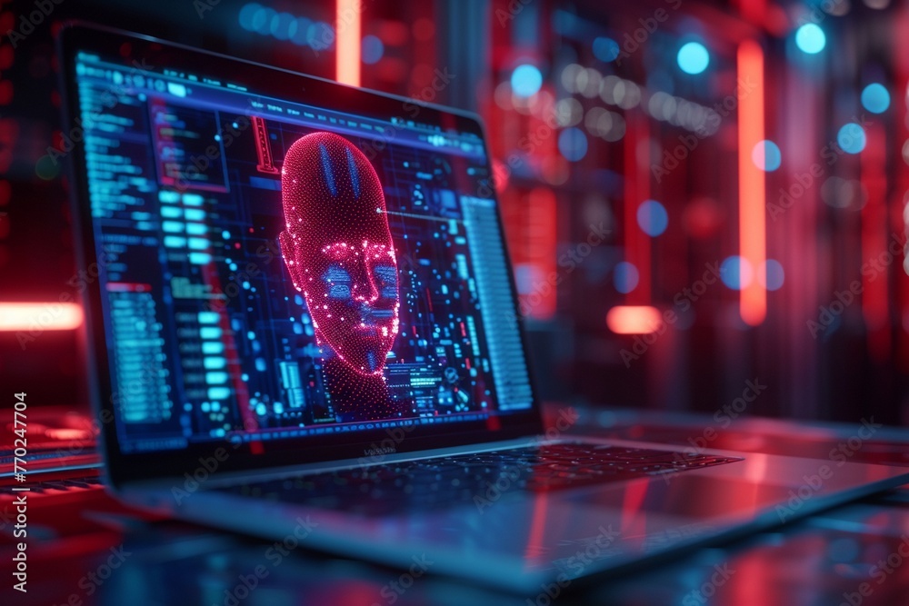 Digital identity verification on a laptop, document scanning, focused ...
