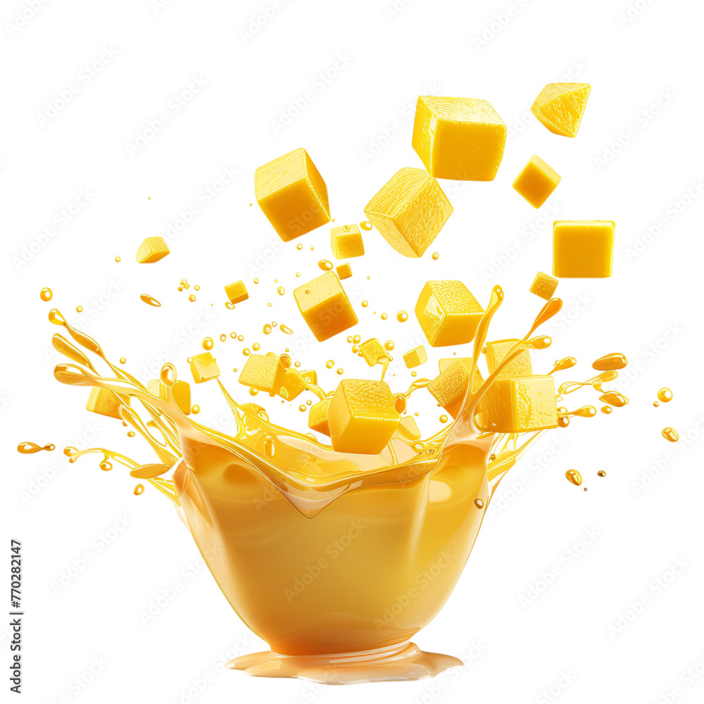 Yellow Juice splashing in air with fruit cubes - commercial type ...