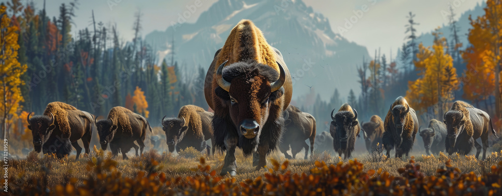 A herd of bison in the wilderness, with one very large and powerful ...