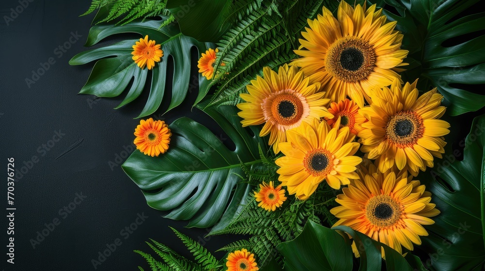 Sunflowers and Gerbera daisies flower arrangement with fern ...