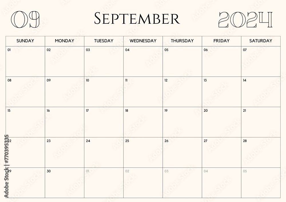 Printable Monthly Calendar Template for September 2024. Wall Calendar ...