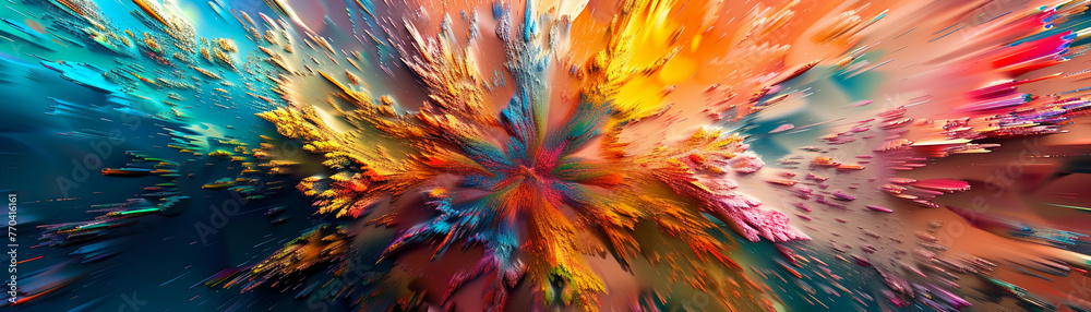 An abstract 3D explosion of vibrant colors captivates the senses, each ...