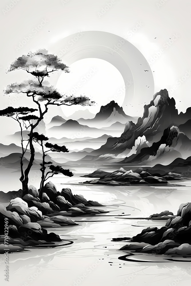 Japanese zen style abstract art illustration using brush stroke style ...