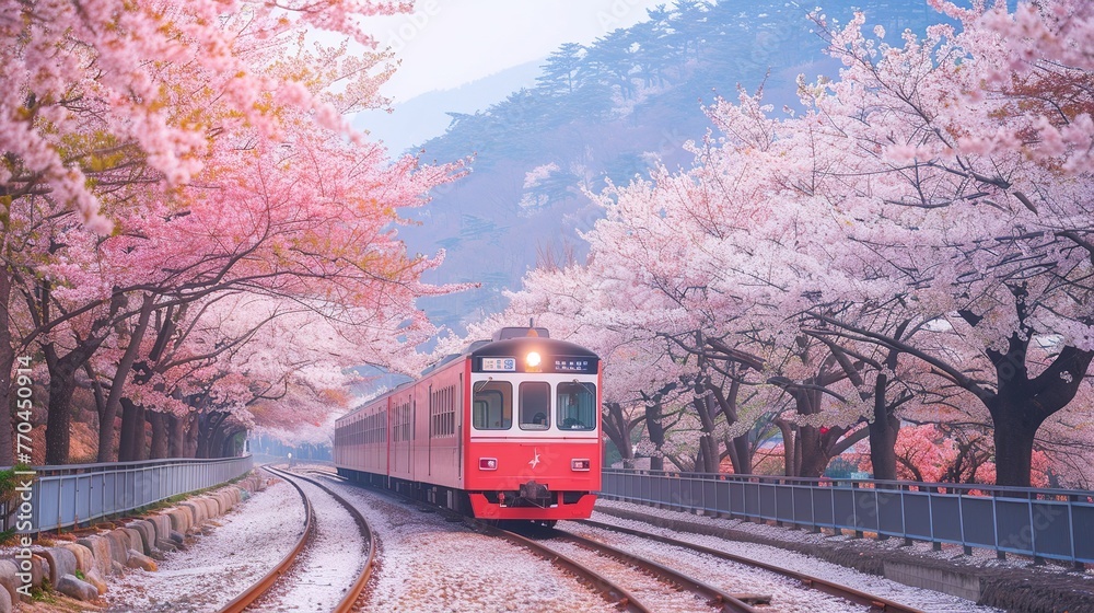 Foto de Stock Cherry blossom with train in spring in Korea is the ...