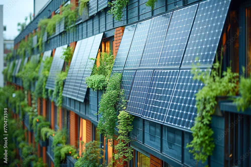 A very modern house with solar modules and lots of greenery, as a ...