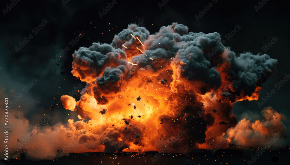 Explosion with smoke and sparks on isolated dark background. A huge ...