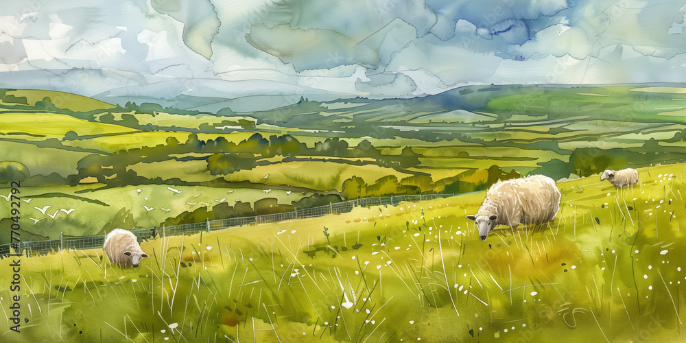 Watercolor illustration of a scenic Irish landscape. Green pastures and ...