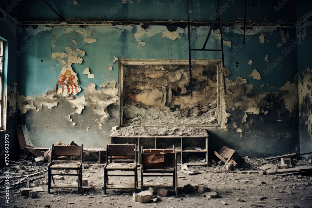 Damaged and abandoned school. a classroom ruined by war. war ...