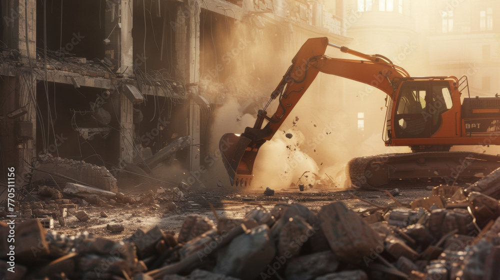 Sunlight filters through dust as an excavator works amidst the rubble ...