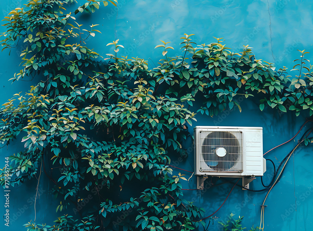The air conditioner outdoor unit sits on a blue wall with green bushes ...