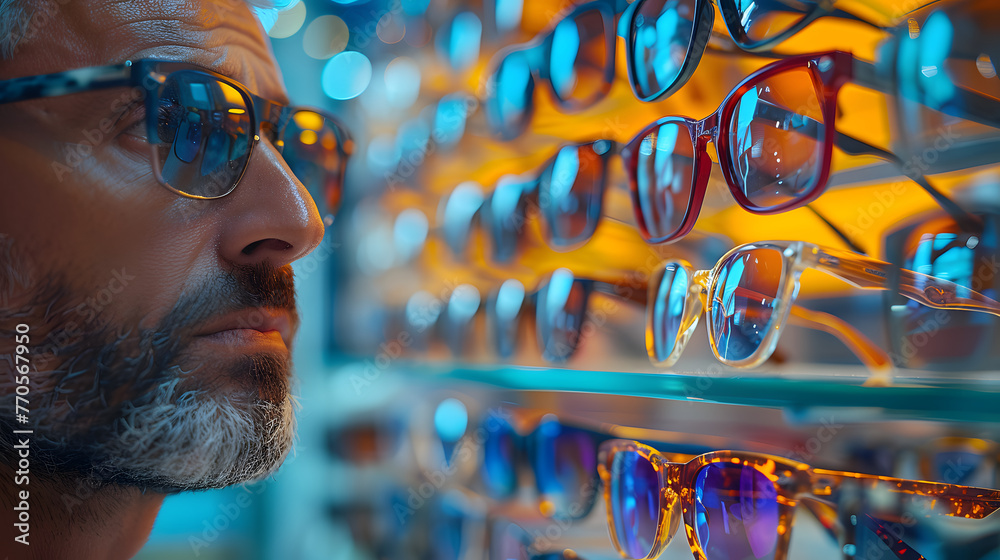 Close-up of a man examining eyeglasses at an optical store. Eyewear ...