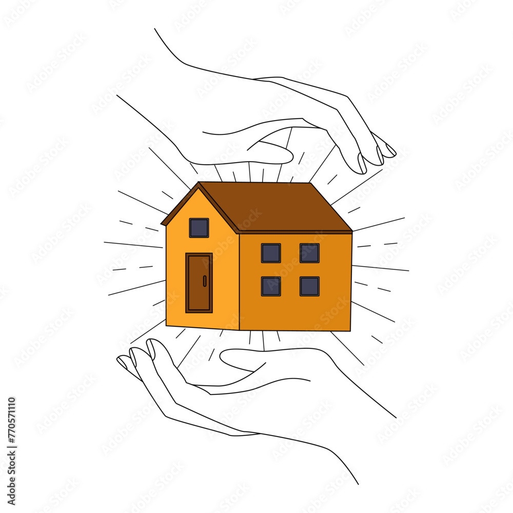 Home energy. Electricity power. Hands holding house. Ecological ...