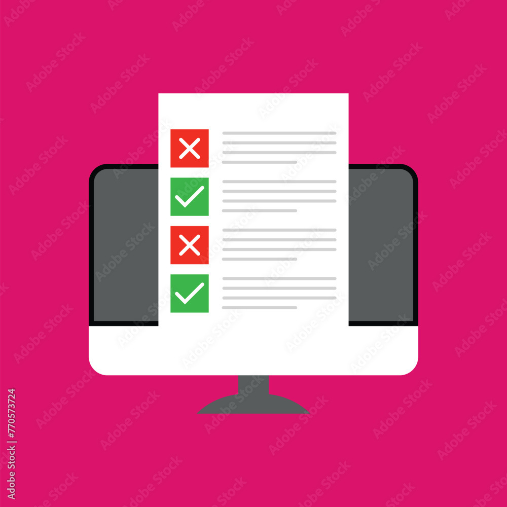DIsplay monitor in flat style with list and checkbox and marks, survey concepts, online exam ...