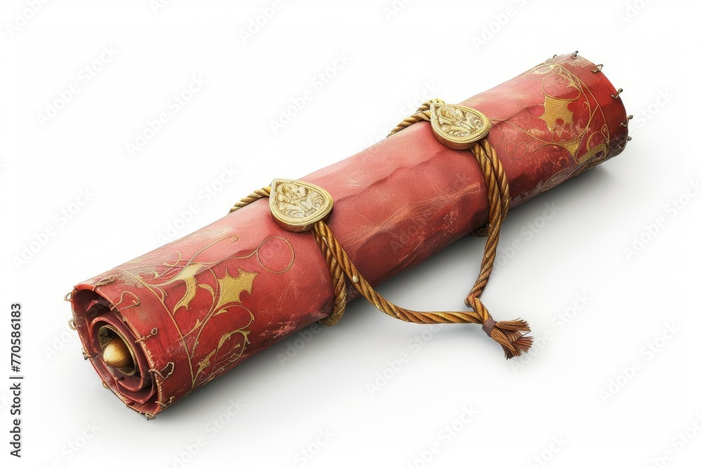 Antique red parchment scroll with gold seals and braided ropes, rolled ...