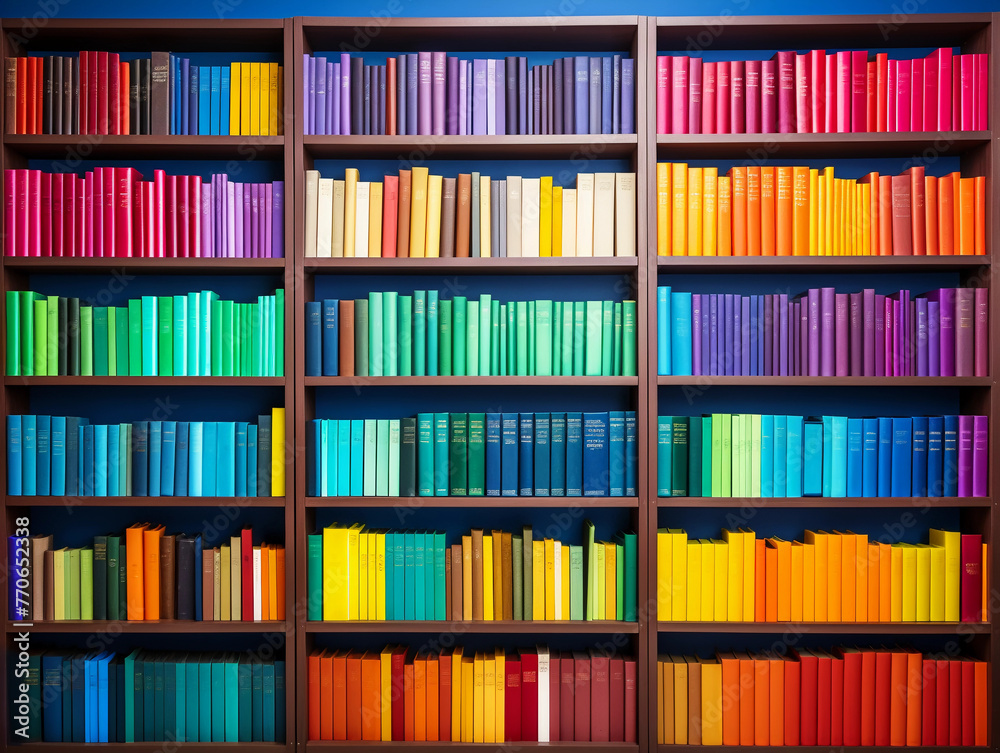 bookshelf with multi-colored books, background consisting of a huge ...