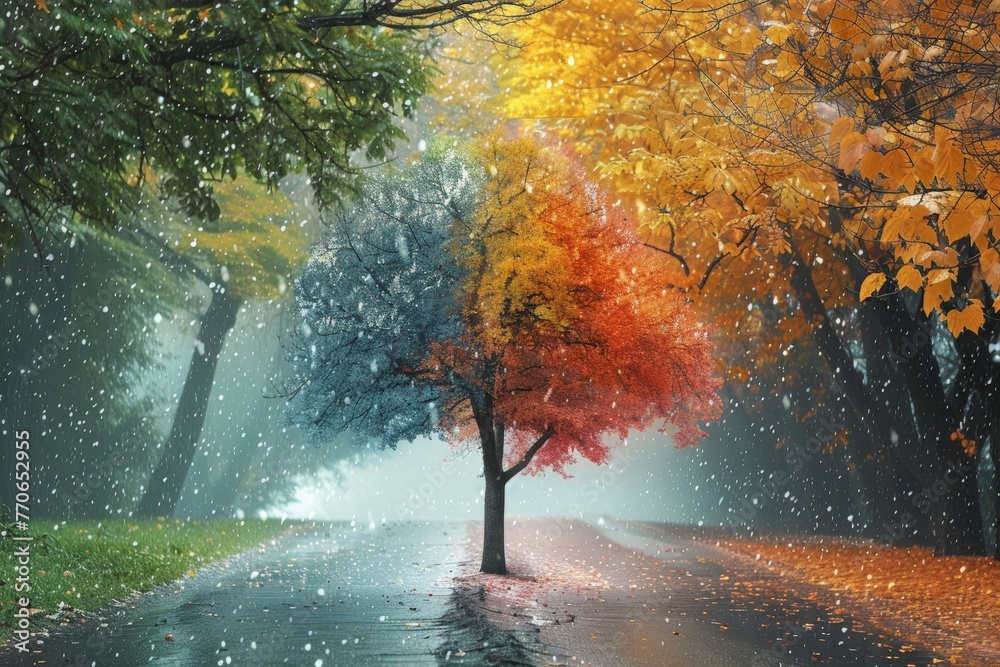 Lone tree stands as seasons' junction, a spectrum of leaves cascading ...