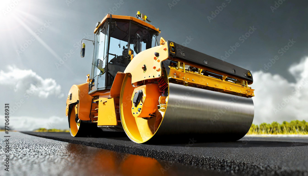 Asphalt Paving Machine. Bottom view of a large modern yellow and orange ...