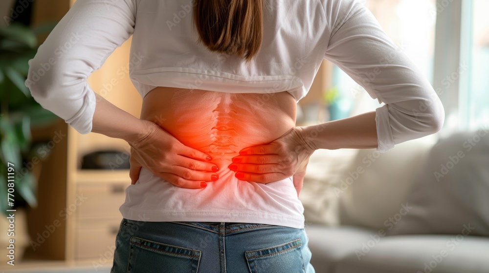 woman holding her lower back while and suffer from unbearable pain ...