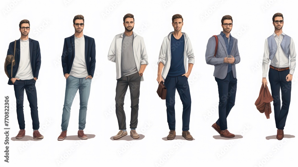 Design illustrations of modern men's clothing with various models and ...