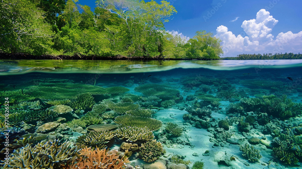A coastal ecosystem with mangrove forests and coral reefs teeming with ...