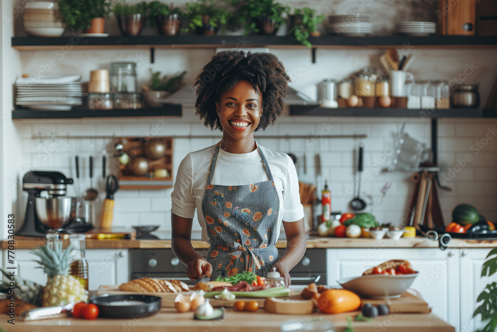 Photo Stock photo of a happy African American woman cooking in her ...