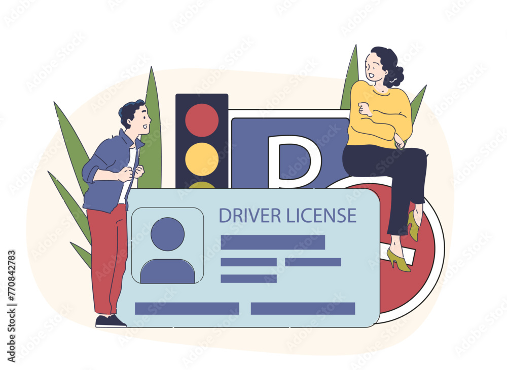Driver license simple concept. Man and woman near traffic lights and ...