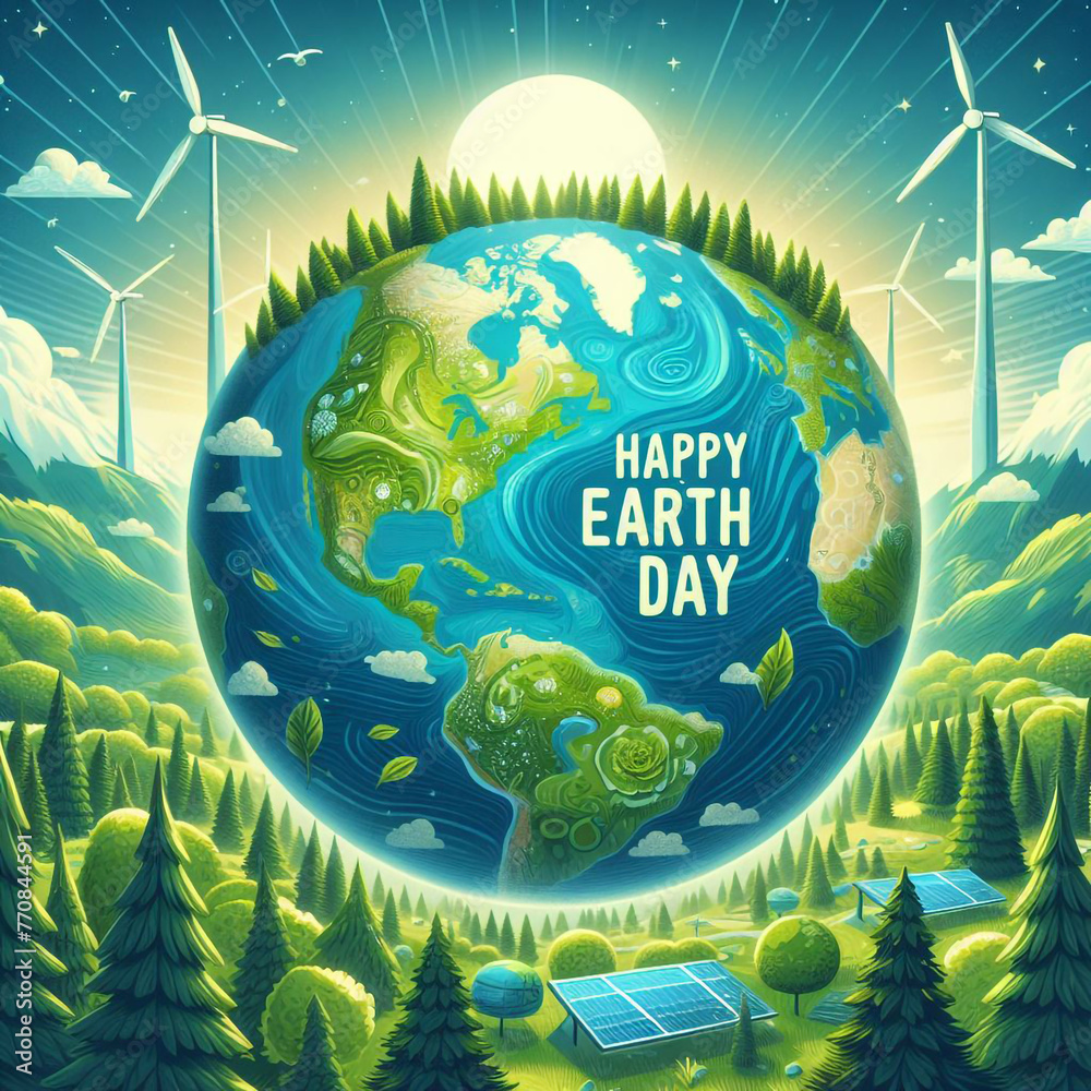 Let's make every day Earth Day! This image portrays wind turbines and ...