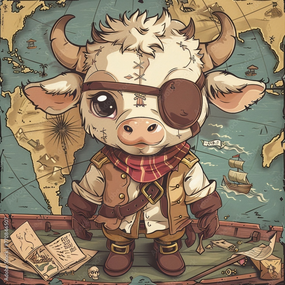 Pirate cow on a treasure hunt, cartoonish style, aboard a pirate ship ...