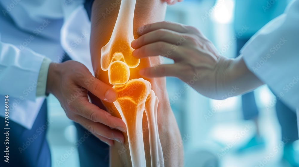 Orthopedic surgeon doctor examining patient's knee joint x-ray films ...