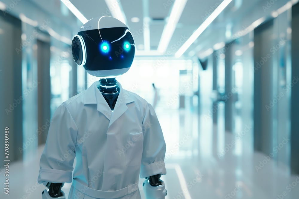 Android robot in white doctor's coat is depicted in a hospital setting ...