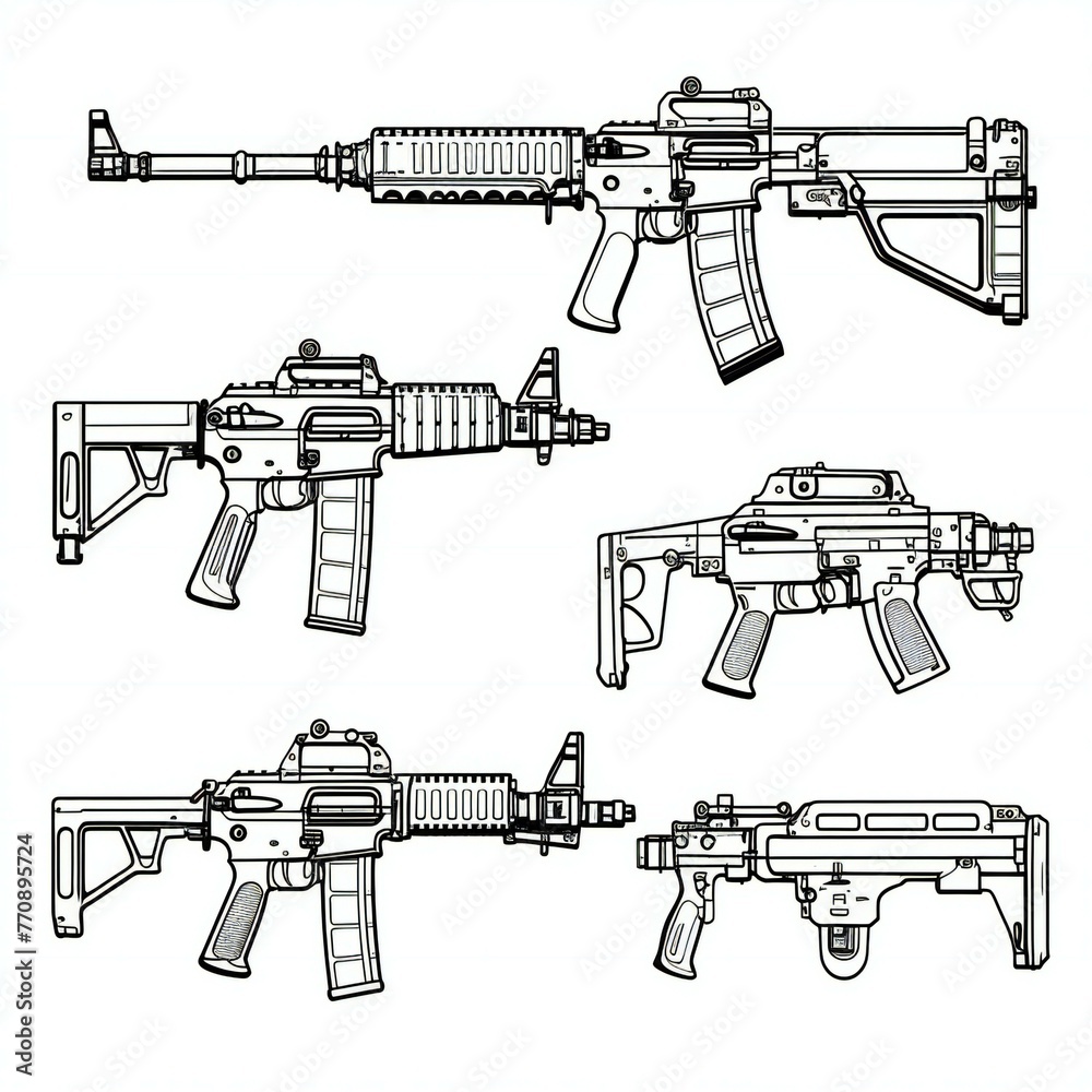 set of machine gun black outline white illustration Stock Illustration ...