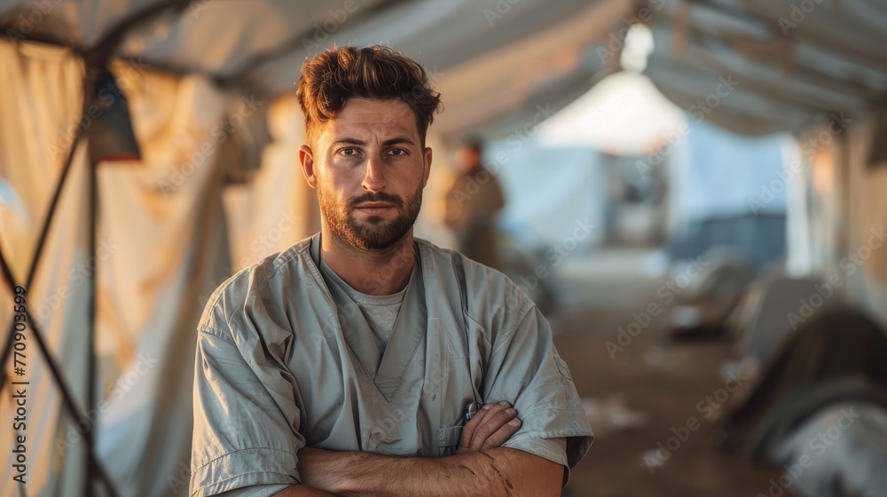 Man nurse volunteer in refugee camp, providing critical healthcare and ...