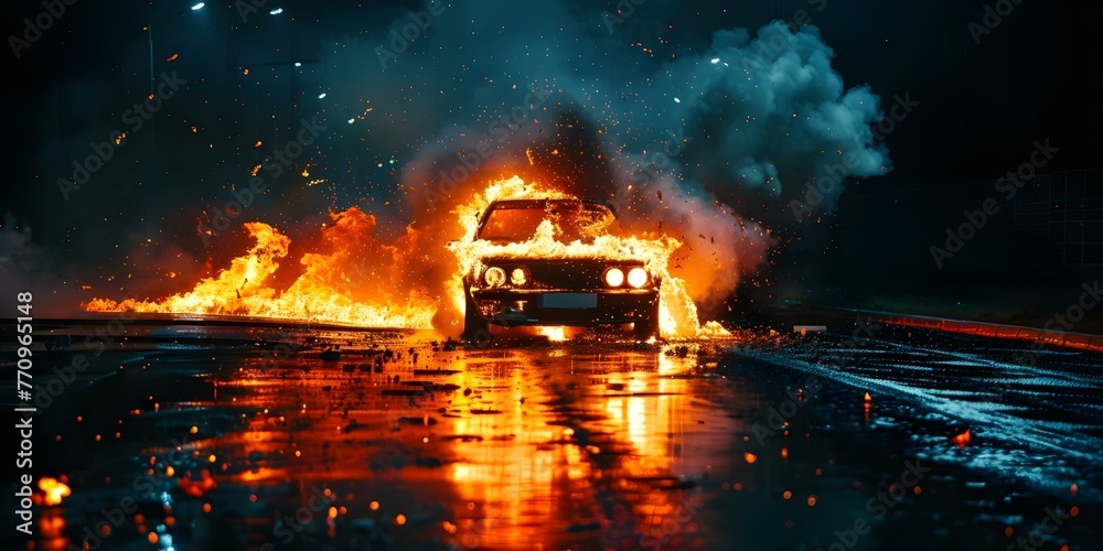 Nighttime scene of a burning car on a road creating a fiery explosion ...