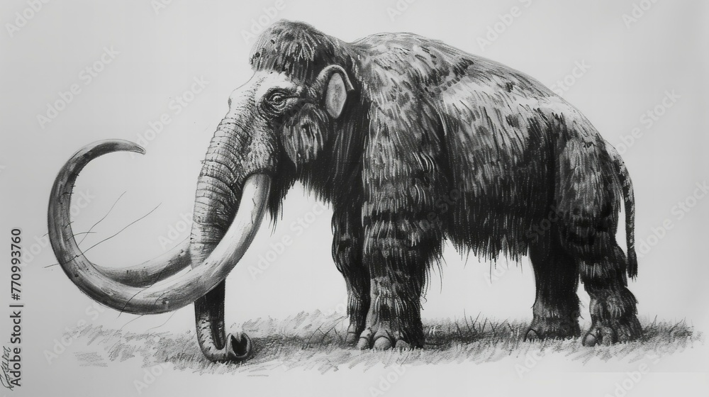 pencil sketch of extinct woolly mammoth from prehistoric ice age, side ...