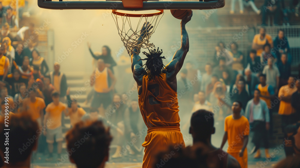 African American National Basketball Superstar Player Scoring a Powerful Slam Dunk Goal with ...