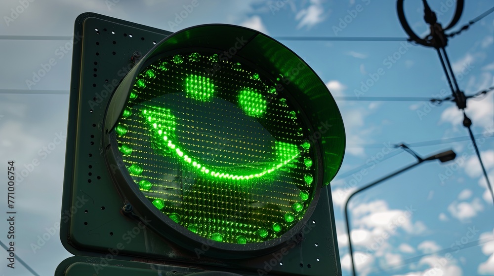 Green traffic light with a smiley face. You can go. Illustration for ...