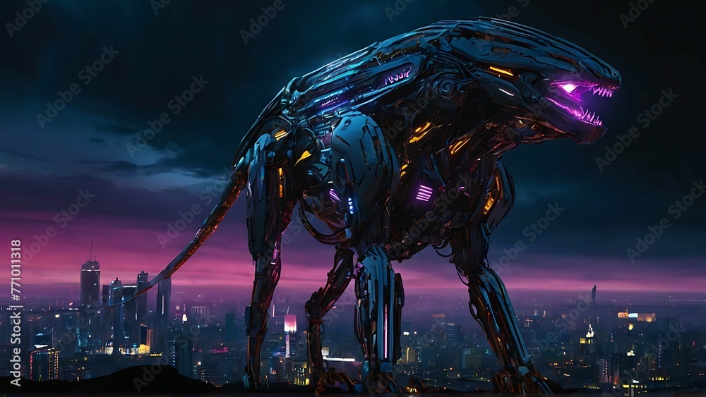In the midst of a futuristic cityscape, a towering cybernetic entity ...